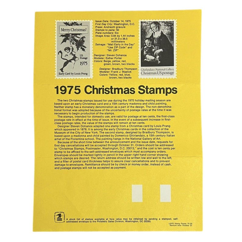Vintage 1975 US Post Office Stamp Poster Flyer Christmas Stamps Banking ...