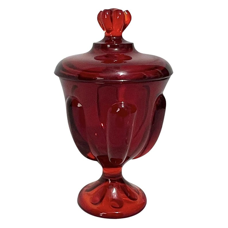 Vtg Viking Glass Ruby Red Epic 6 Petal Compete Candy Dish W/lid Made ...