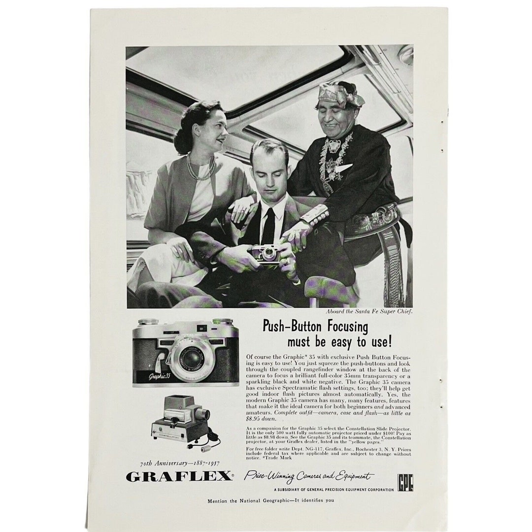 Vtg 1950's Graflex Graphic 35 Camera Print Ad Santa Fe Super Chief 7" X ...