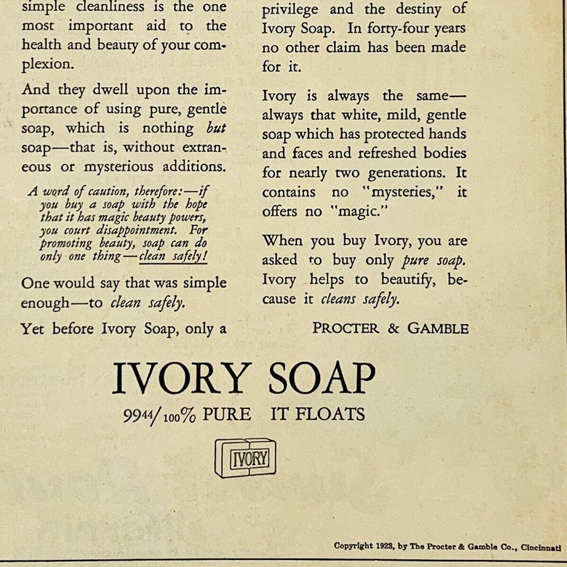 Vintage 1923 Ivory Soap It Floats the Procter & Gamble Co Cincinnati OH ...