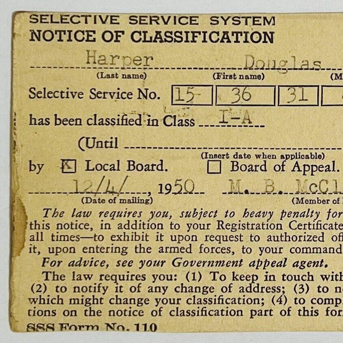 Vintage 1950 Selective Service System Registration Certificate ...