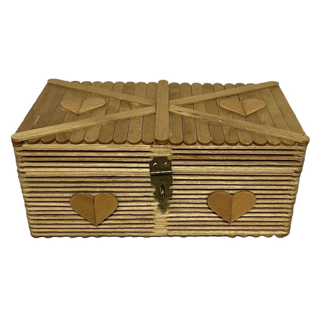 Vtg Folk Tramp Art Popsicle Stick Trinket Jewelry Box Treasure Chest ...