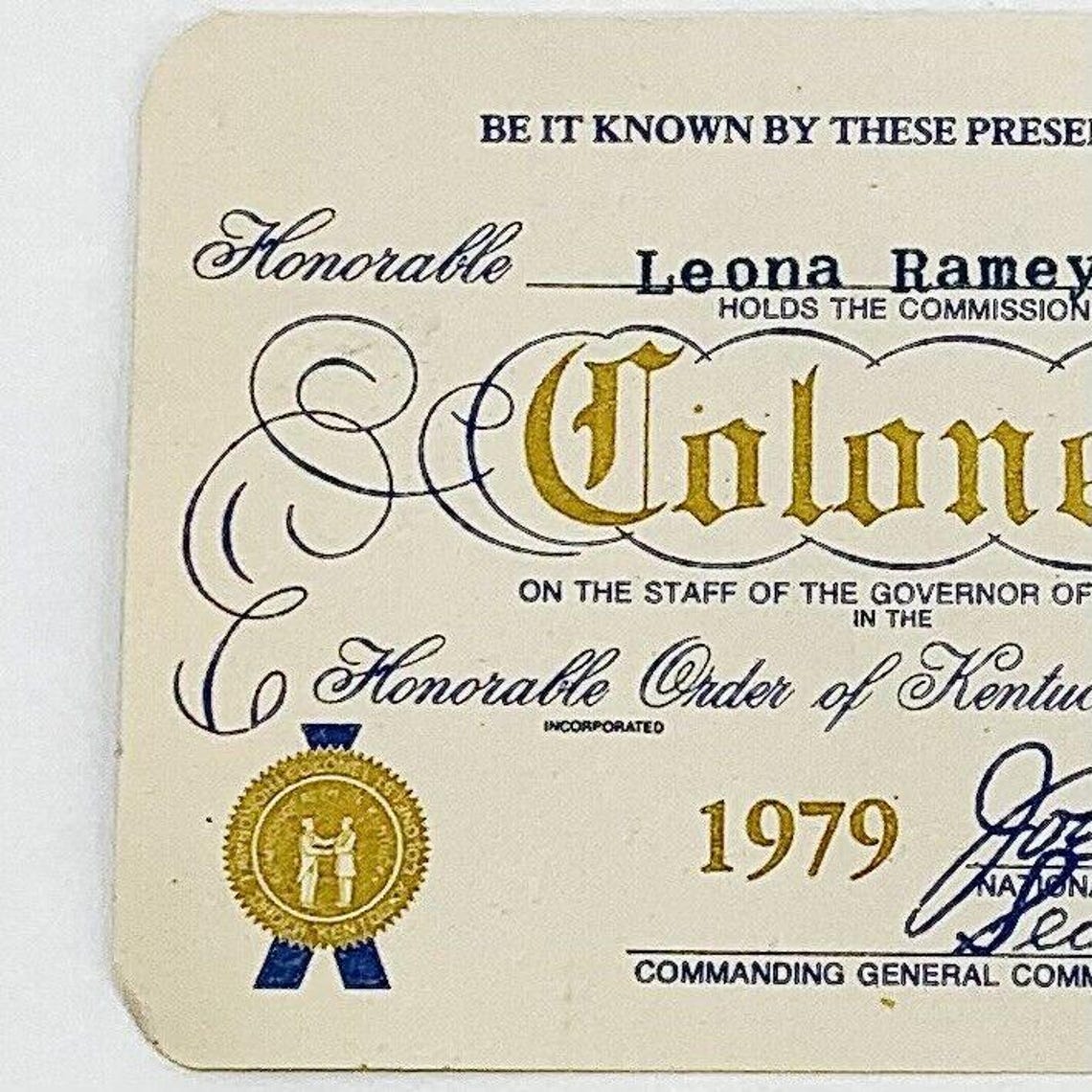 Vintage 1979 Honorable Order of Kentucky Colonels Membership Card ...