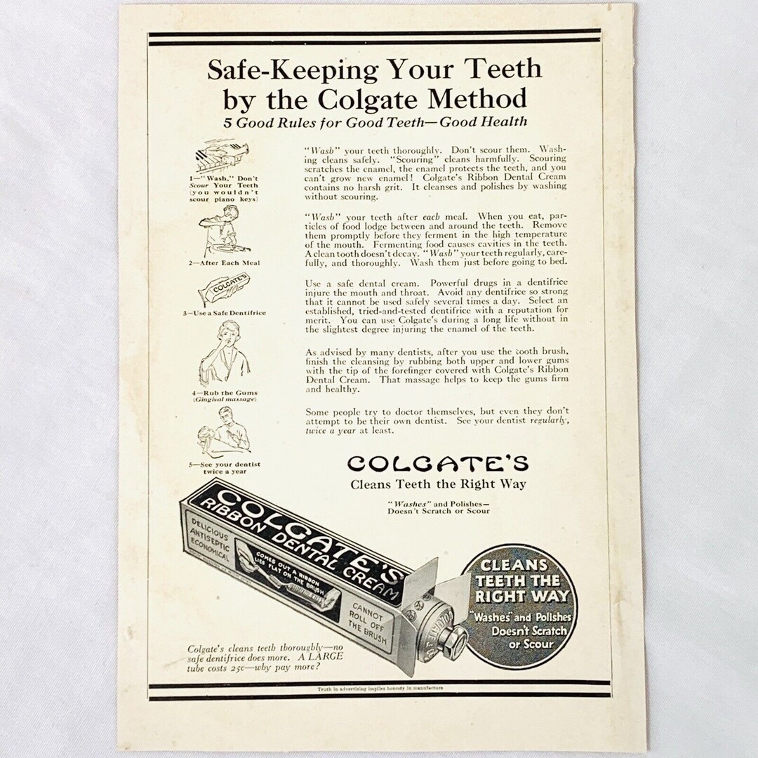 Vintage 1923 Colgate & Company Print Ad Cleans Teeth the Right Way - Etsy