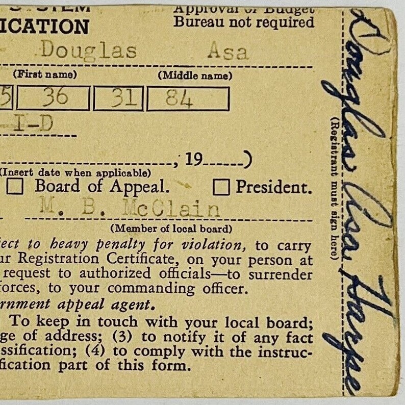 Vintage 1951 Selective Service System Registration Certificate ...