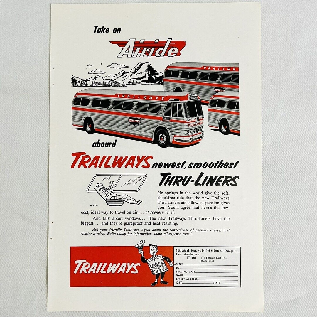Vintage 1954 Trailways Bus Line Thru Liners Air Ride Magazine Print Ad ...