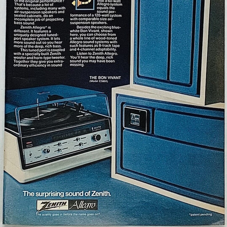 Vintage 1970's Zenith Allegro Print Ad Bon Vivant Model E586X Stereo 8 ...