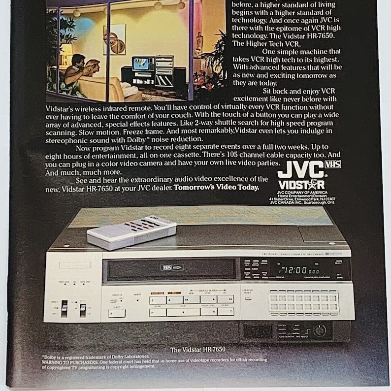 Vintage 1980's JVC Vidstar HR-7650 VCR Video Recorder Magazine Print Ad ...