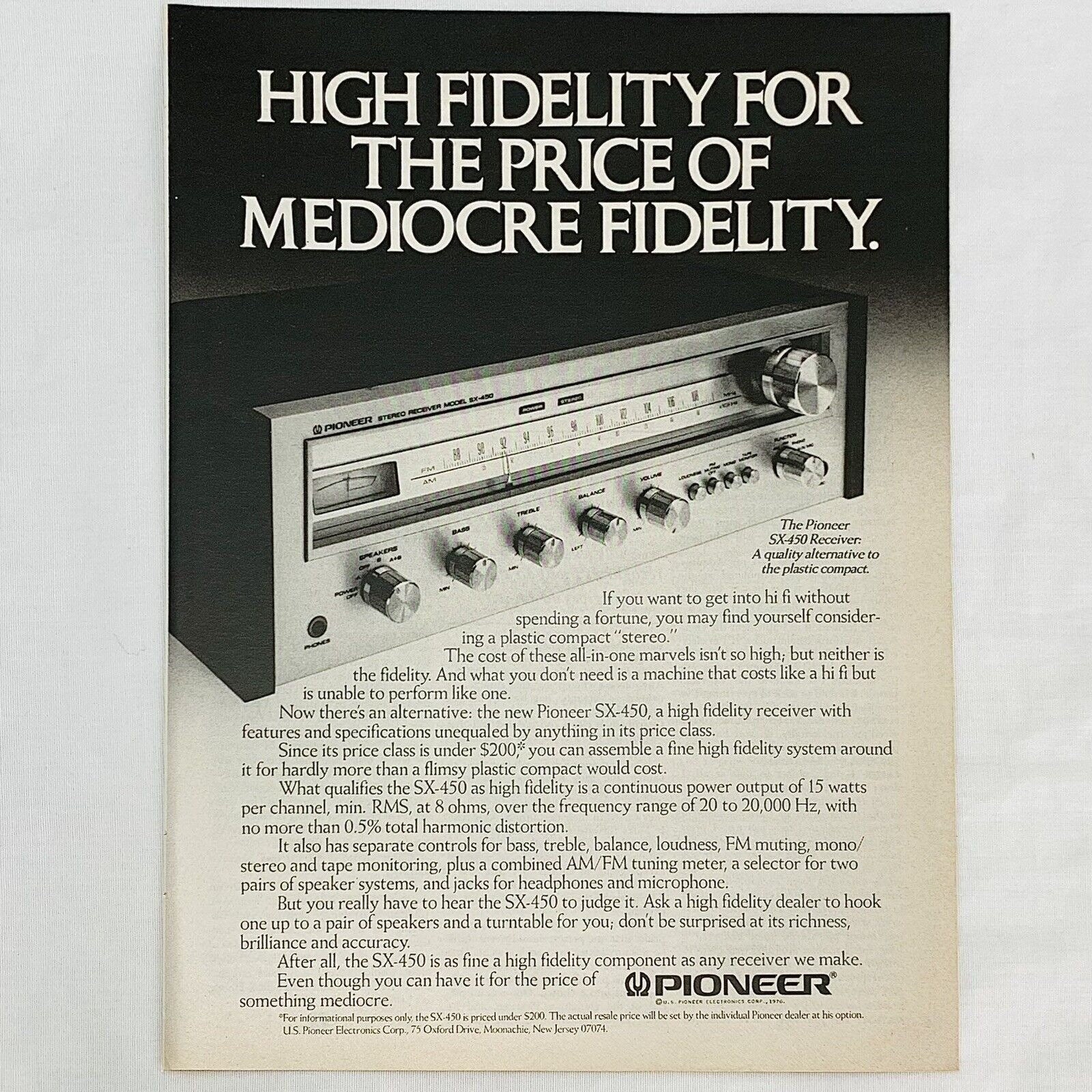 Vintage 1970's Pioneer Magazine Print Ad SX-450 Stereo Receiver Wifi 8 ...
