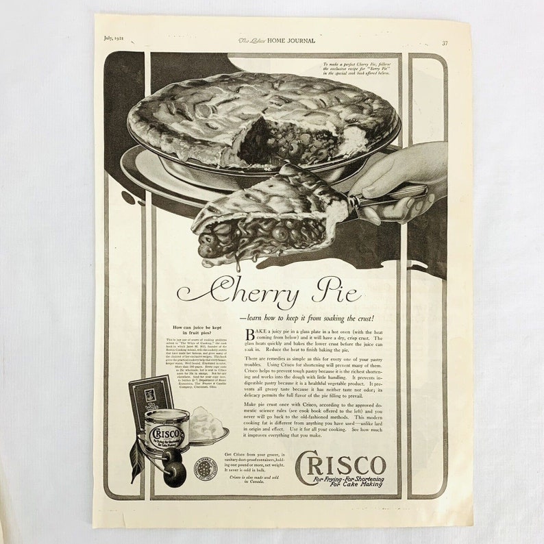 Vintage 1921 Crisco Shortening Print Ad Cherry Pie Procter & Gamble 13 ...