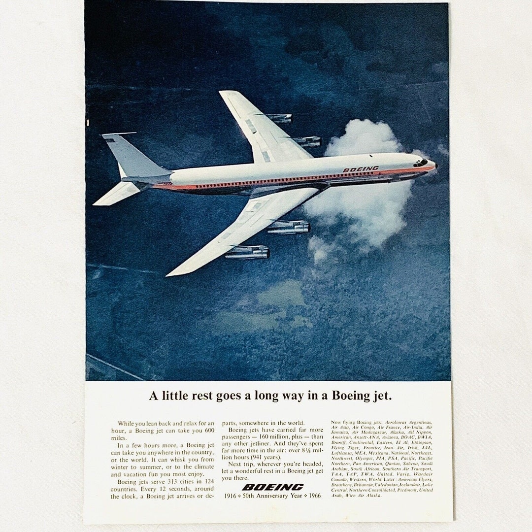 Vintage 1966 Boeing 707 Jet Print Ad 50 Year Anniversary Color 9" X 6 1 ...