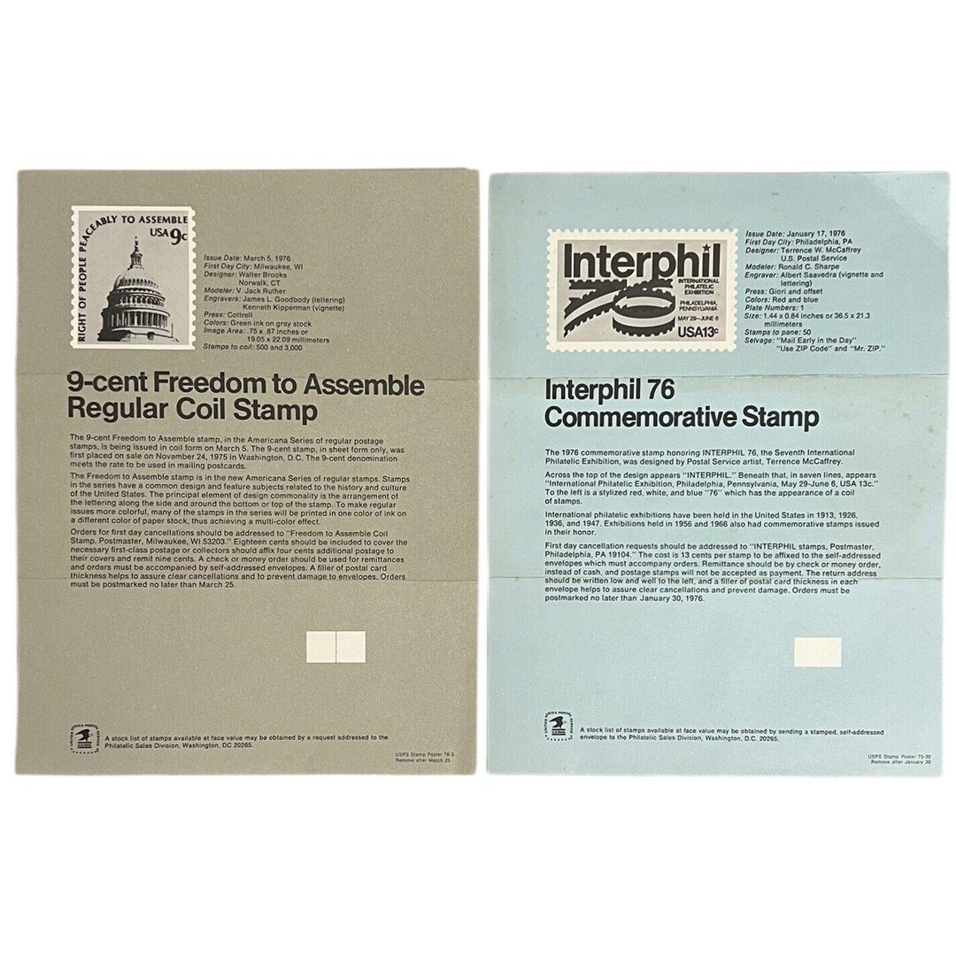 Vintage 1976 US Post Office Stamp Poster Flyer Interphil 76 & Freedom ...