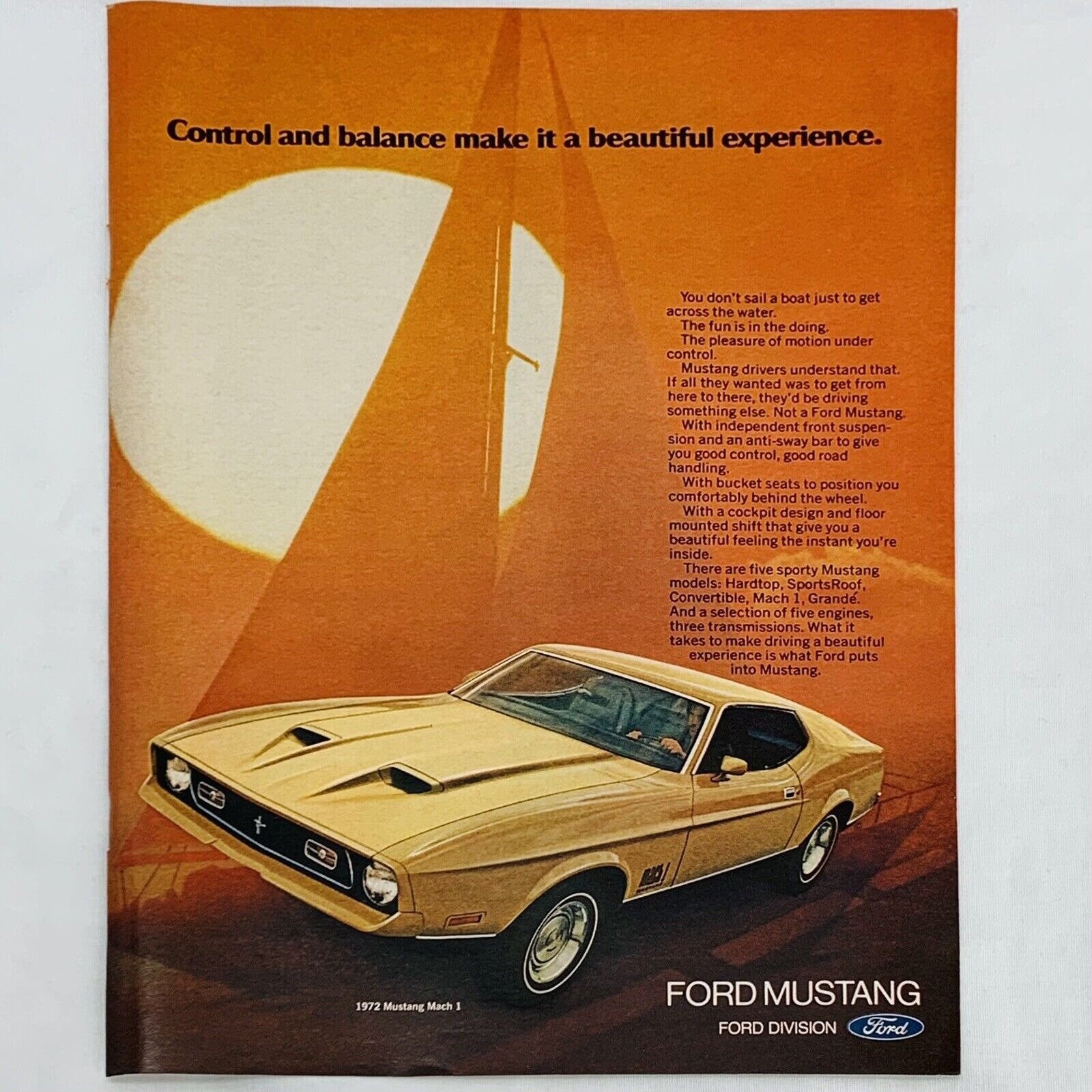 1972 Ford Mustang Mach 1 Vintage Print Ad Full Color Sail Boat 8" X 11 ...