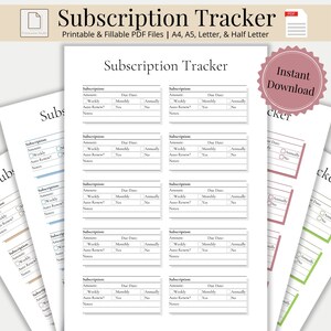 Subscription Tracker Printable & Fillable, Monthly Subscription ...