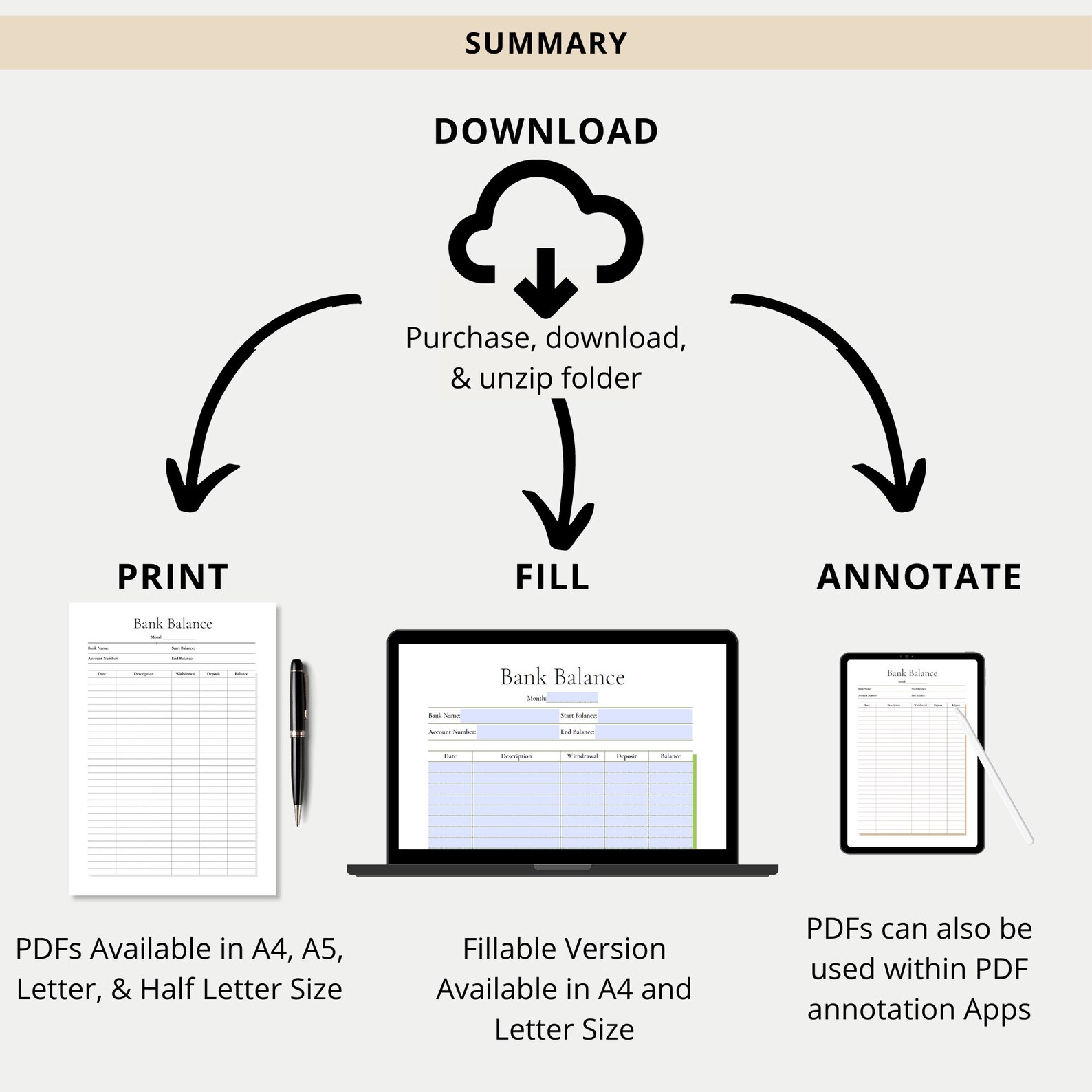 Bank Balance Printable & Fillable, Balance Sheet Template, Bank Account ...