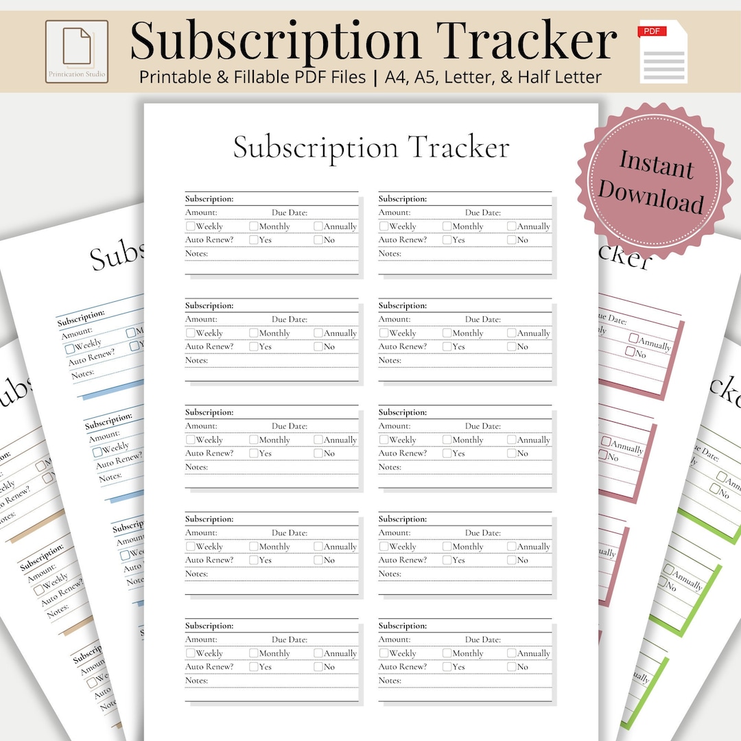 Subscription Tracker Printable & Fillable, Monthly Subscription ...