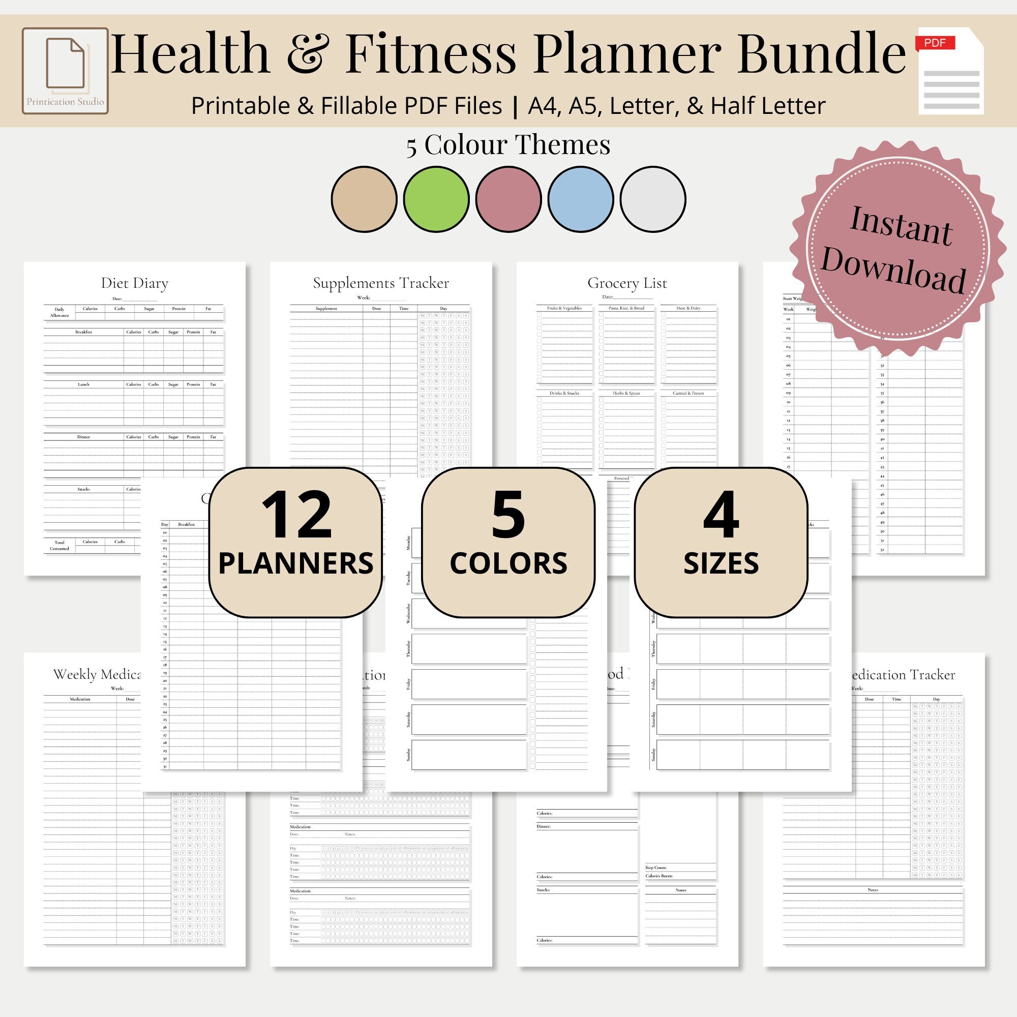 Health and Fitness Printable Planner Bundle, Health and Wellness ...