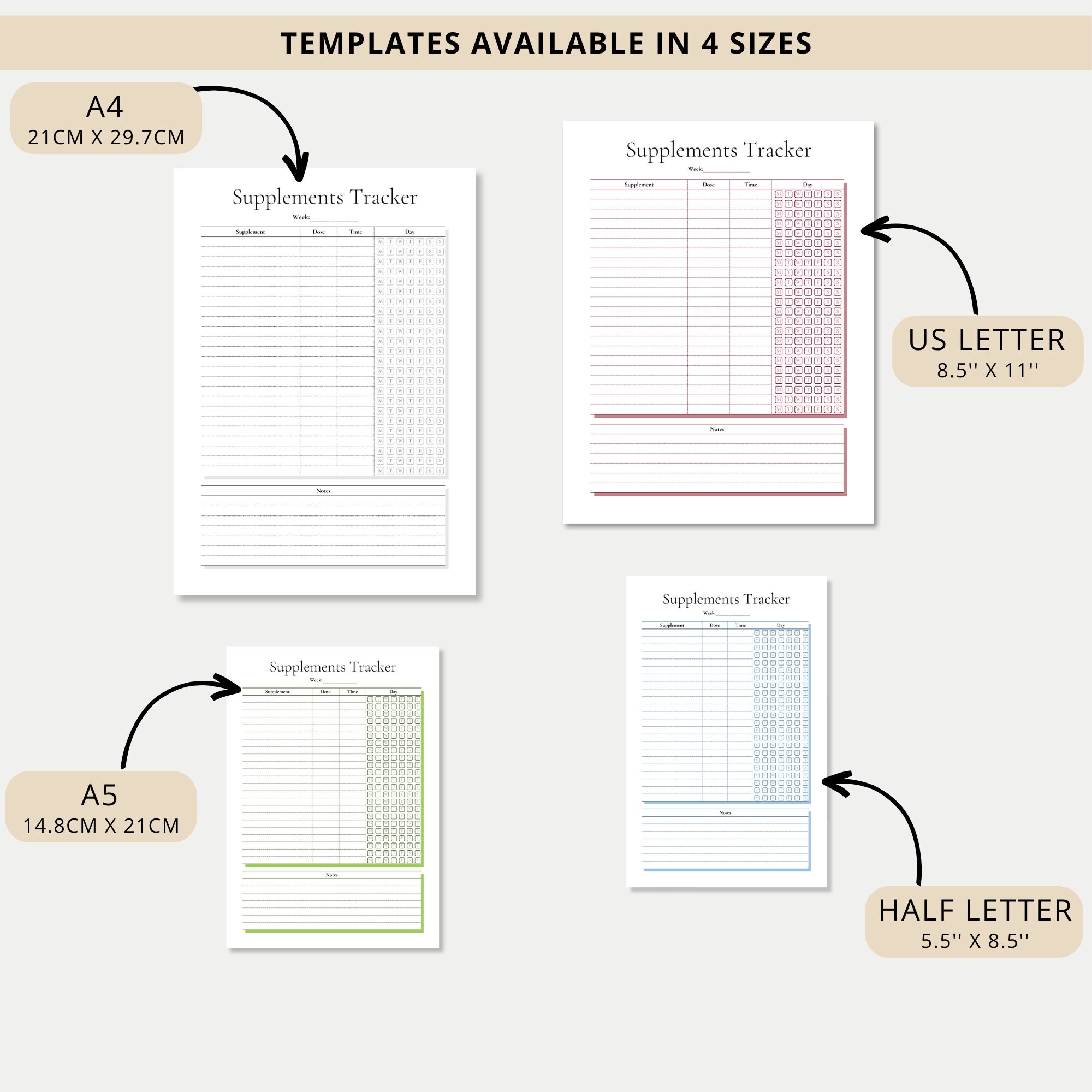 Weekly Supplement Tracker With Notes Printable & Fillable, Dietary ...