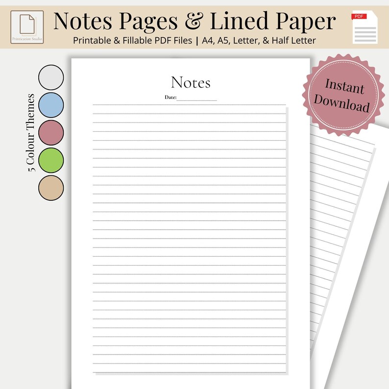 Lined Notes Page Printable Dated Note Taking Lined Pages - Etsy