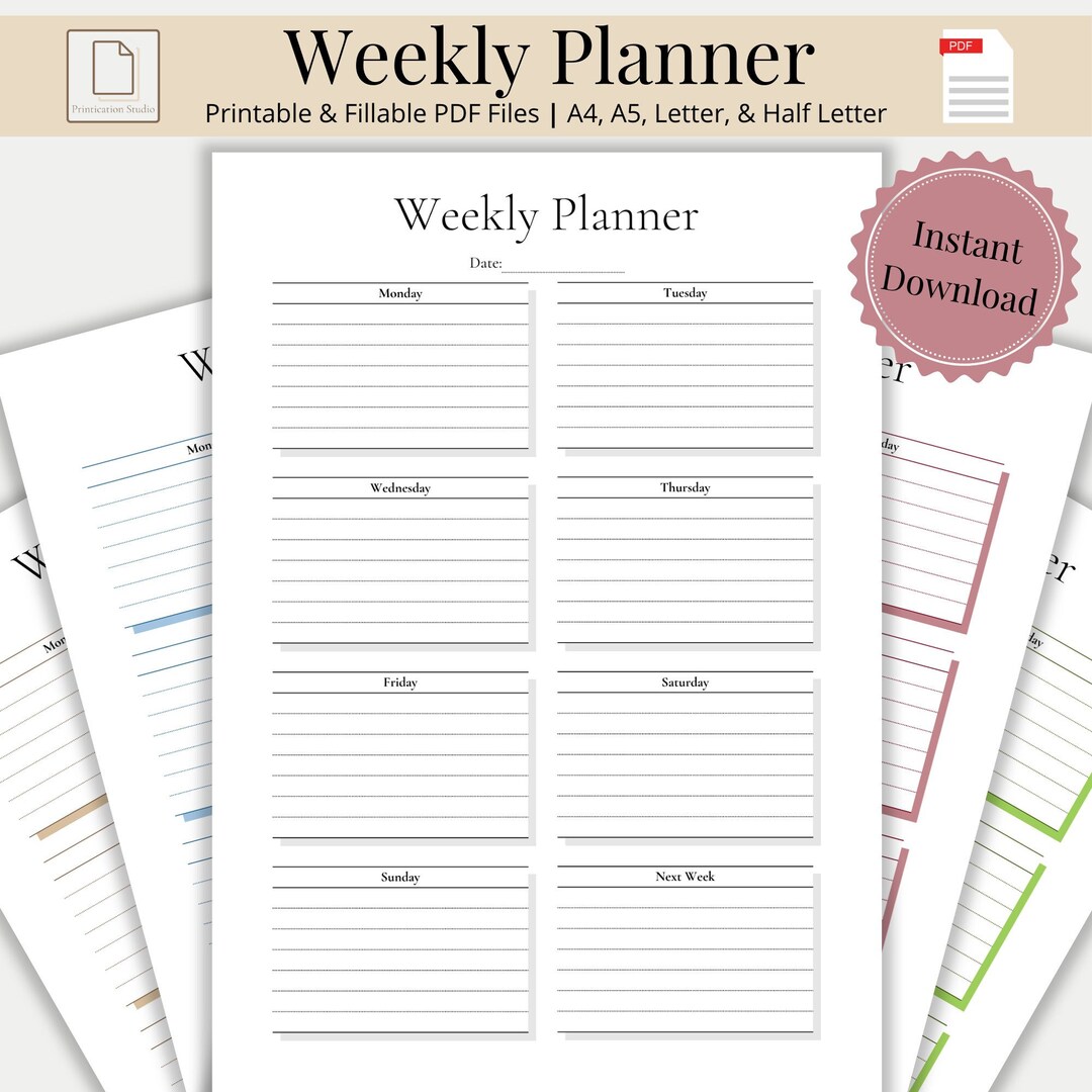 Weekly Planner Printable & Fillable, Weekly Agenda, Weekly Overview ...