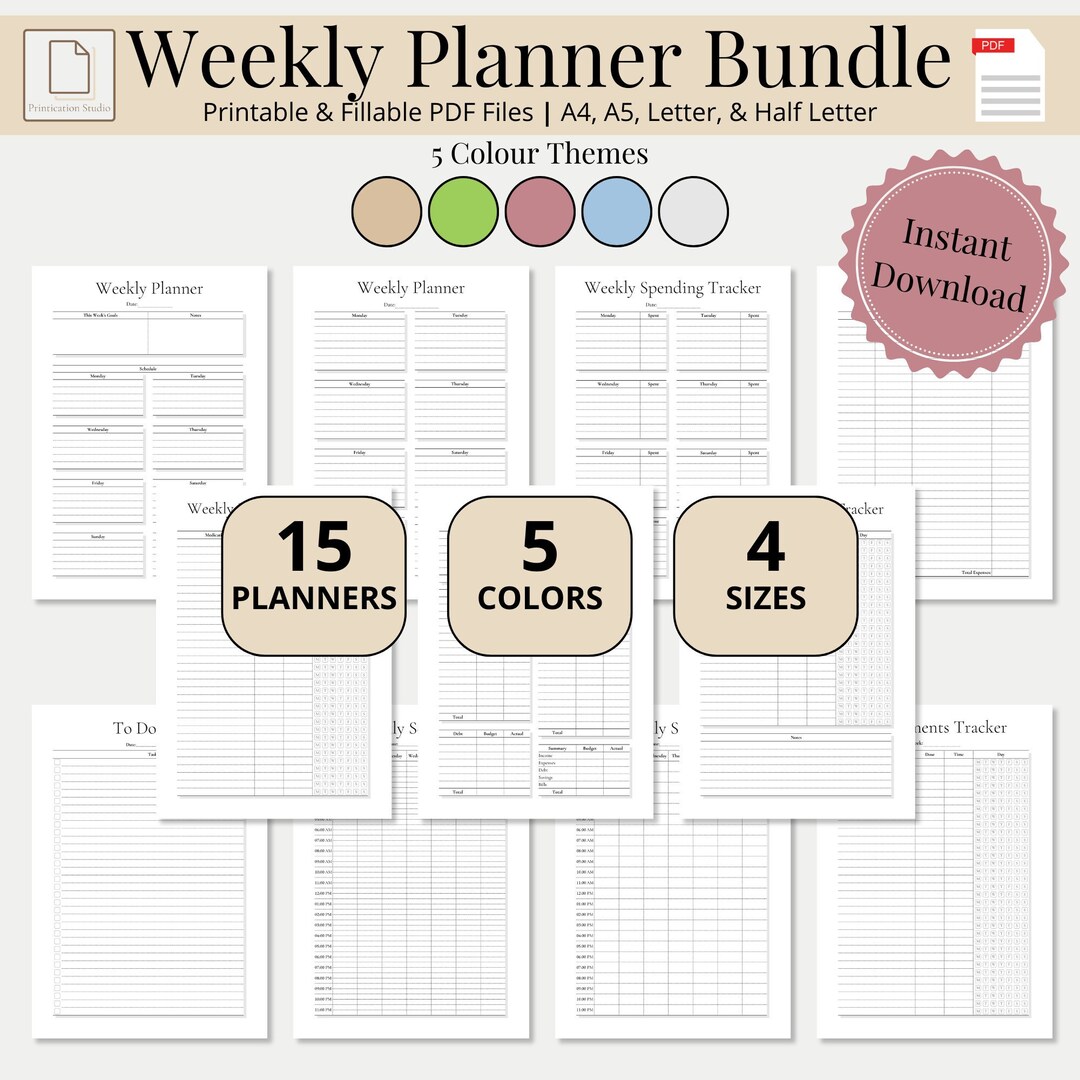 Ultimate Weekly Planner Printable & Fillable Bundle, Colorful Weekly ...