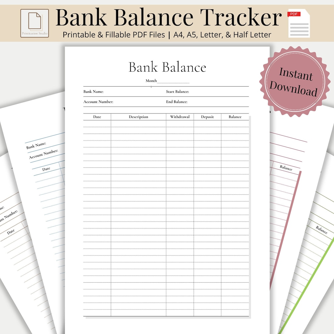 Bank Balance Printable & Fillable, Balance Sheet Template, Bank Account ...