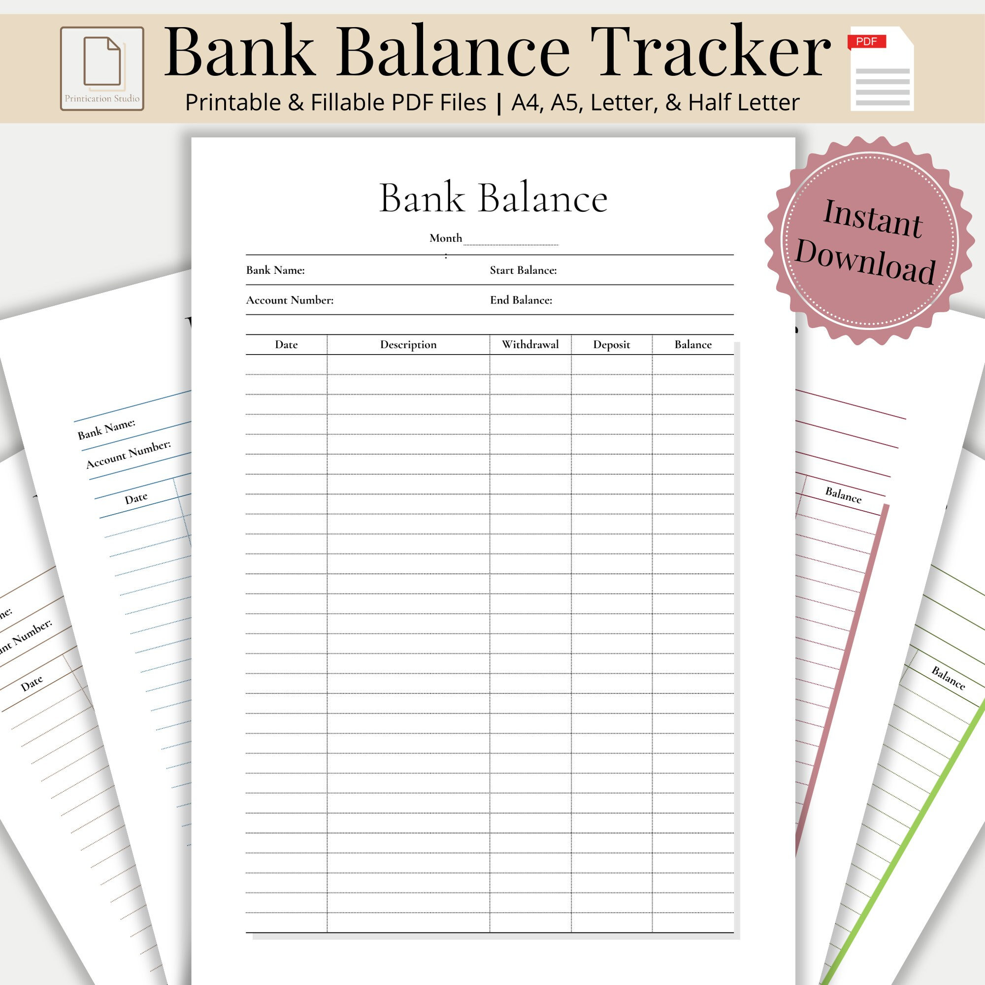 Bank Balance Printable & Fillable, Balance Sheet Template, Bank Account ...