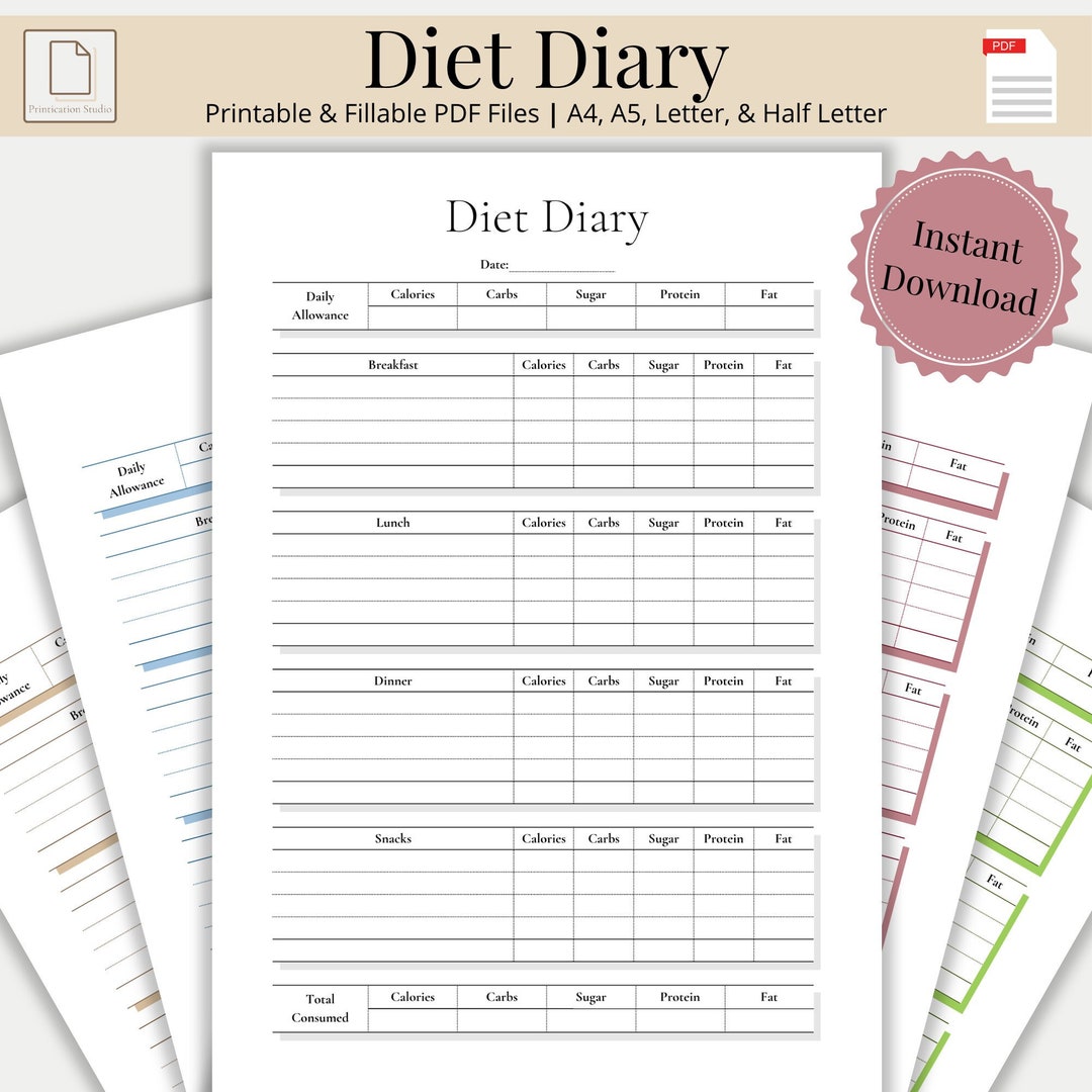 Diet Diary Printable & Fillable, Daily Diet Tracker, Diet Planner, Food ...