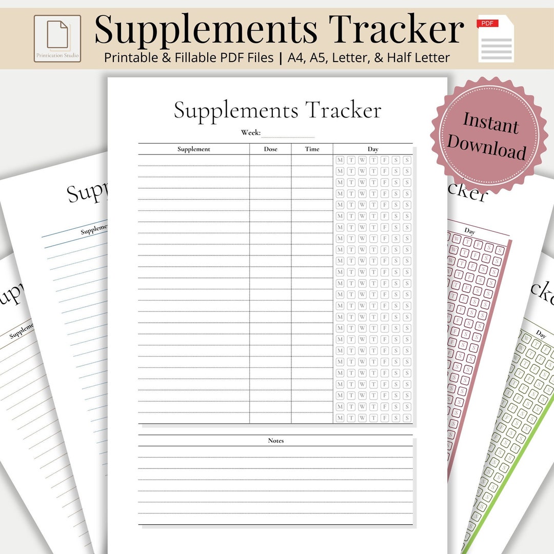 Weekly Supplement Tracker With Notes Printable & Fillable, Dietary ...