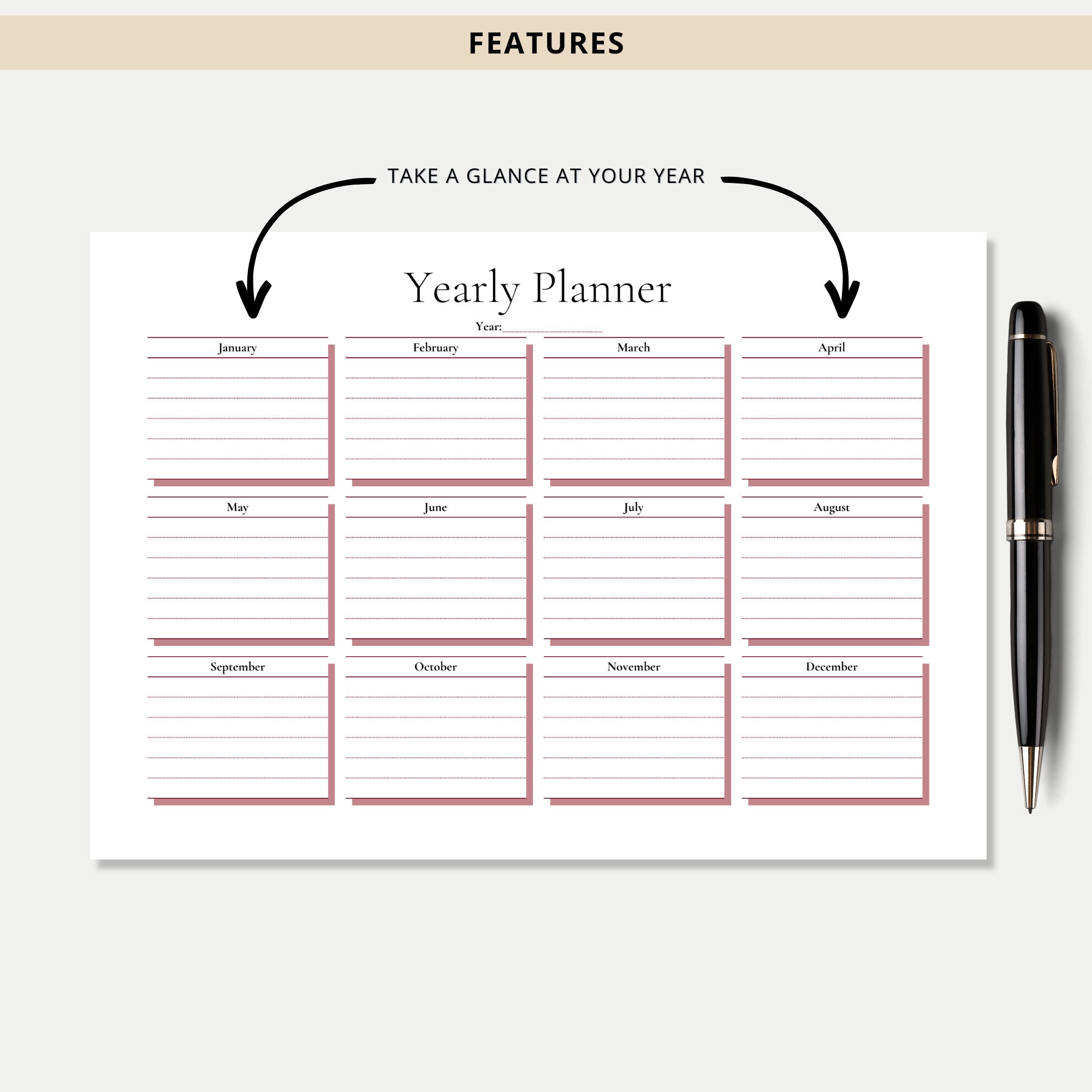Year at A Glance Printable & Fillable, Yearly Overview, Yearly Planner ...