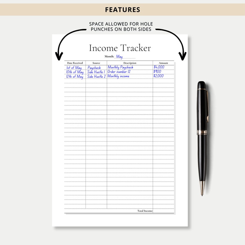 Income Tracker Sheet Printable & Fillable Income Statement, Income Log ...
