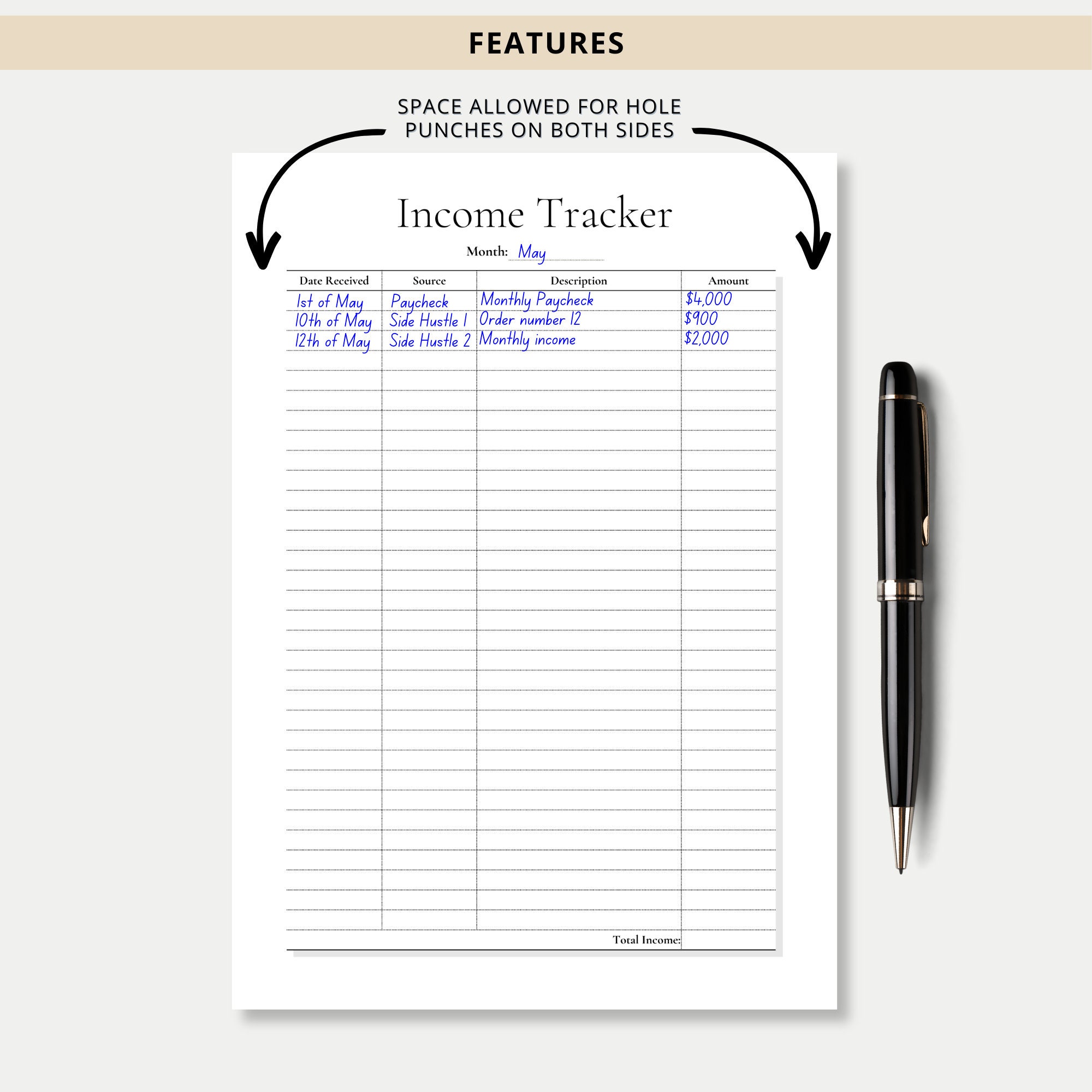 Income Tracker Sheet Printable & Fillable Income Statement, Income Log ...