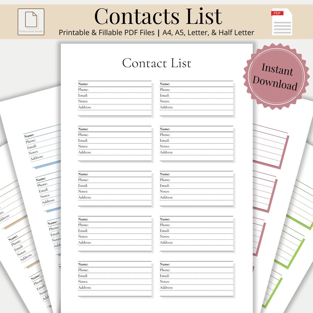 Contact List Printable & Fillable, Client and Customer Business ...