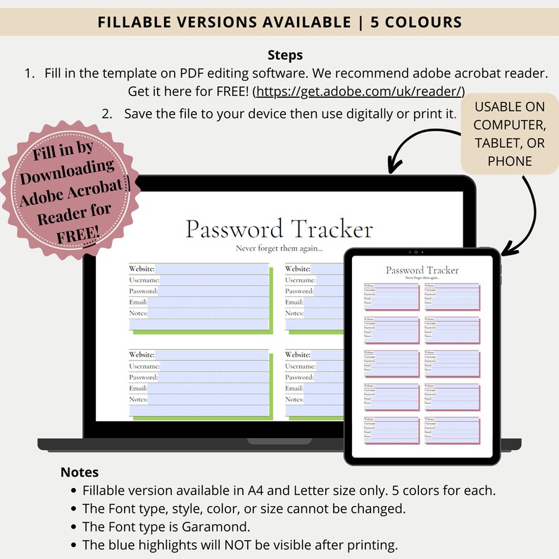 Password Tracker Printable, Fillable Password Journal, Username and ...
