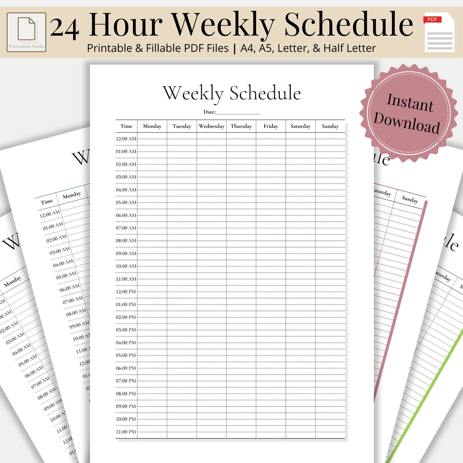 24 Hour Weekly Schedule, 24 Hour Daily Planner Printable & Fillable ...