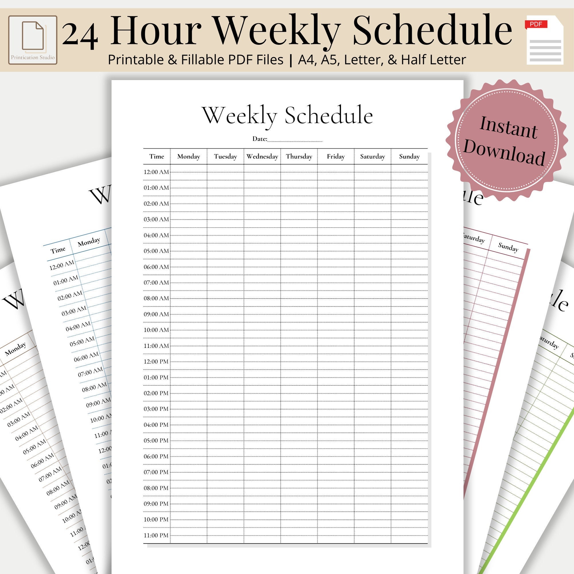 24 Hour Weekly Schedule, 24 Hour Daily Planner Printable & Fillable ...