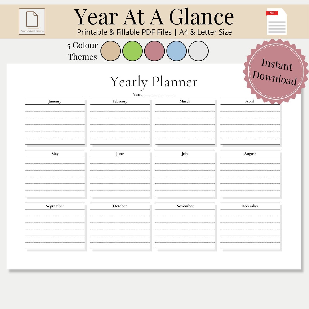 Year at A Glance Printable & Fillable, Yearly Overview, Yearly Planner ...
