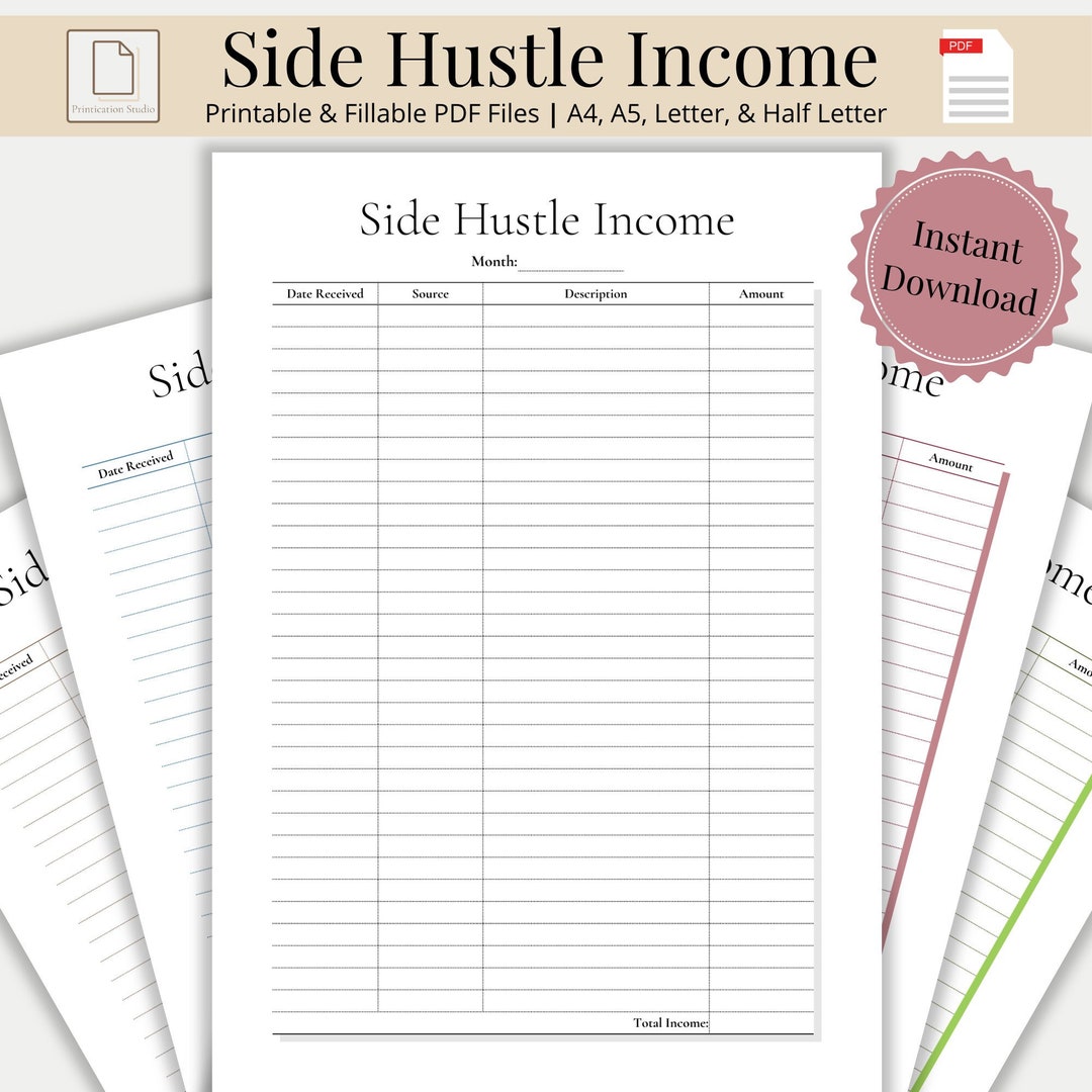 Side Hustle Income Tracker Printable & Fillable, Passive Income Side ...