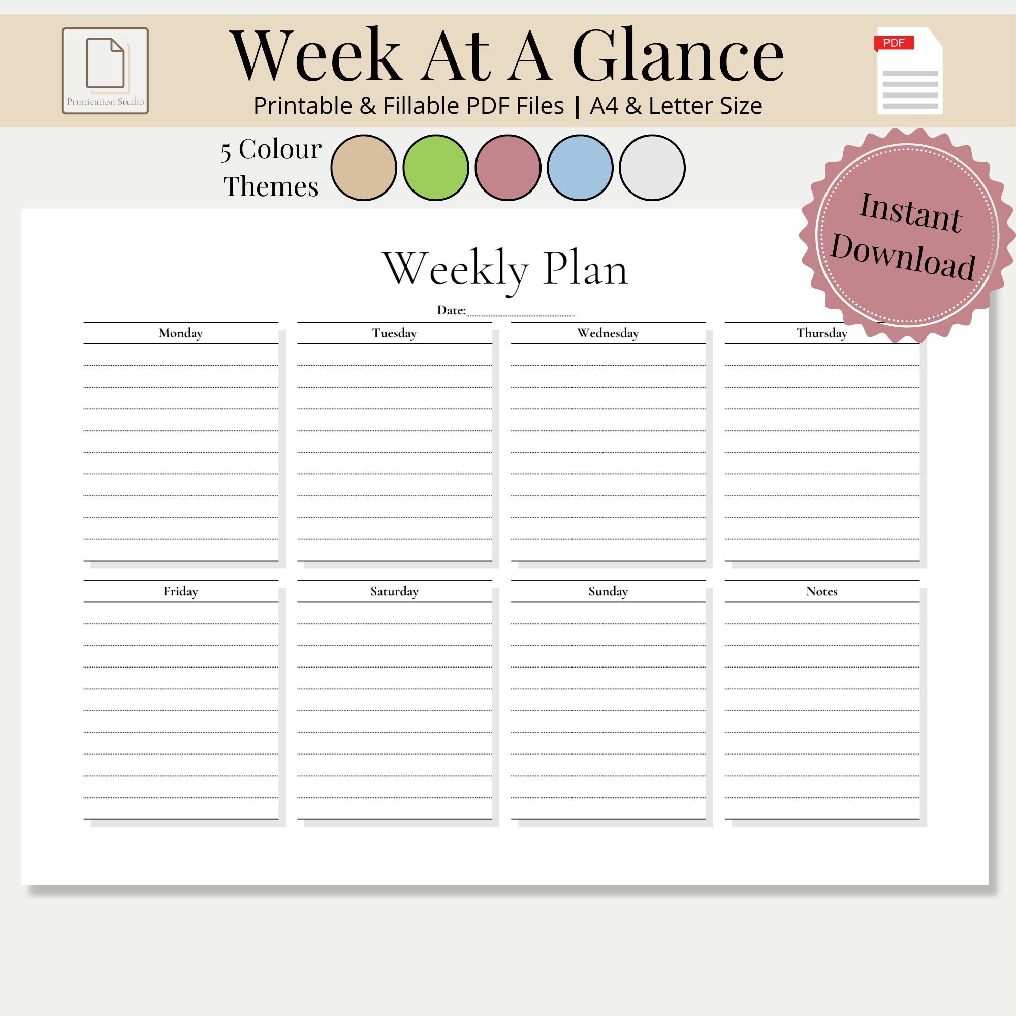 Weekly Planner Landscape Printable & Fillable, Week at a Glance, Weekly ...