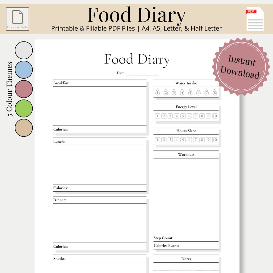 Daily Food Diary Printable & Fillable, Mindful Eating Food Journal ...