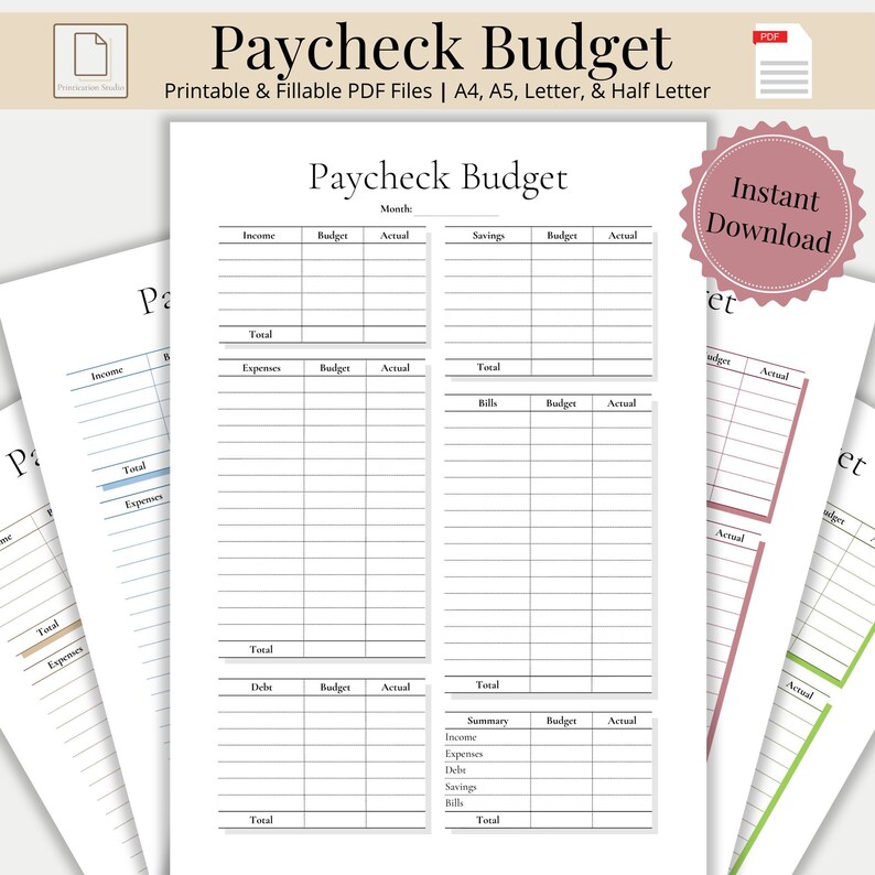 Paycheck Budget Planner Printable & Fillable, Paycheck Budget Template ...