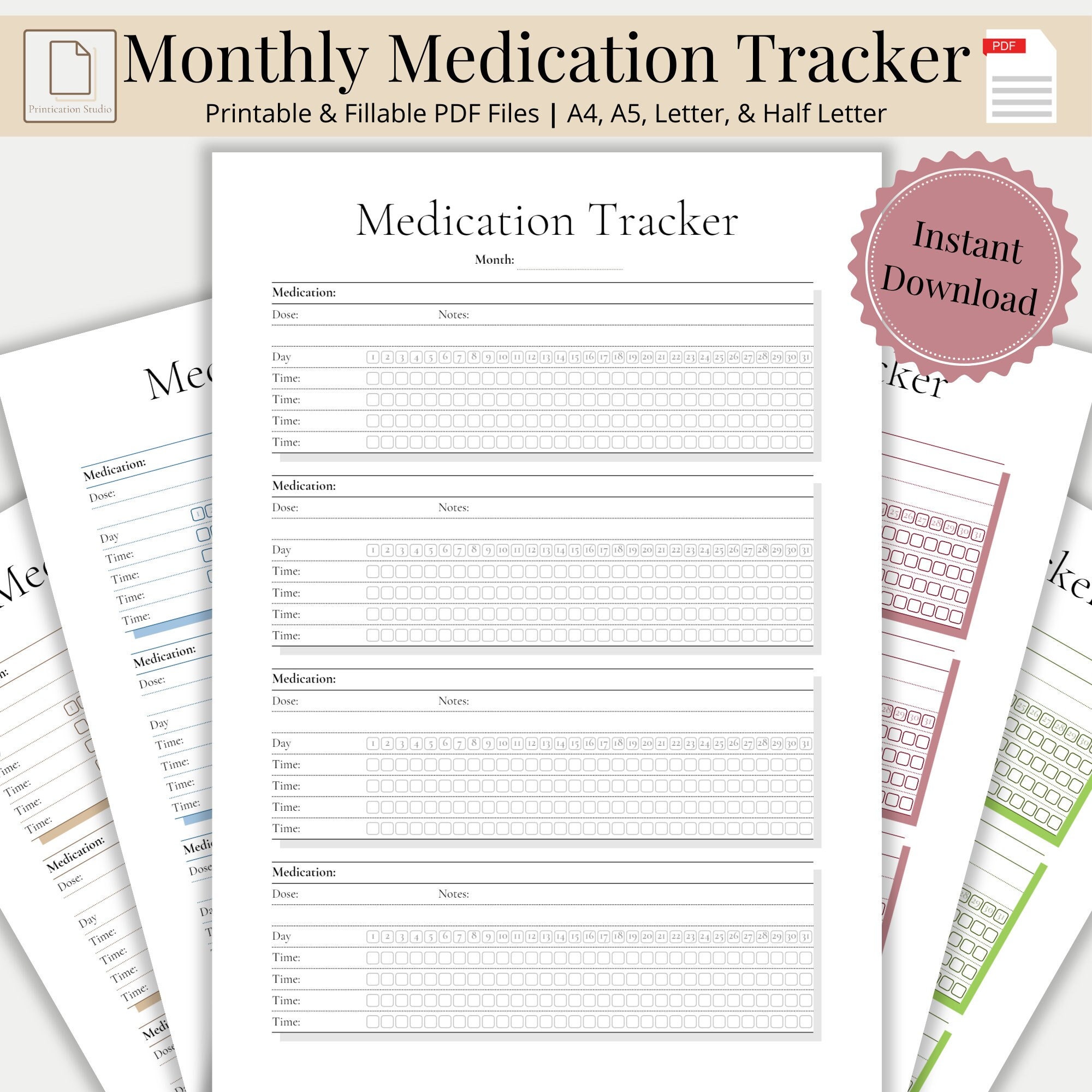 Monthly Medication Tracker Printable & Fillable, Medication Log ...