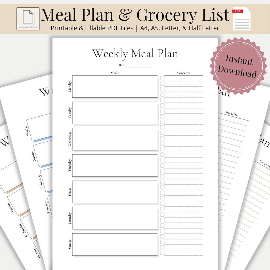 Weekly Meal Planner and Grocery List Printable & Fillable, Daily Meal ...