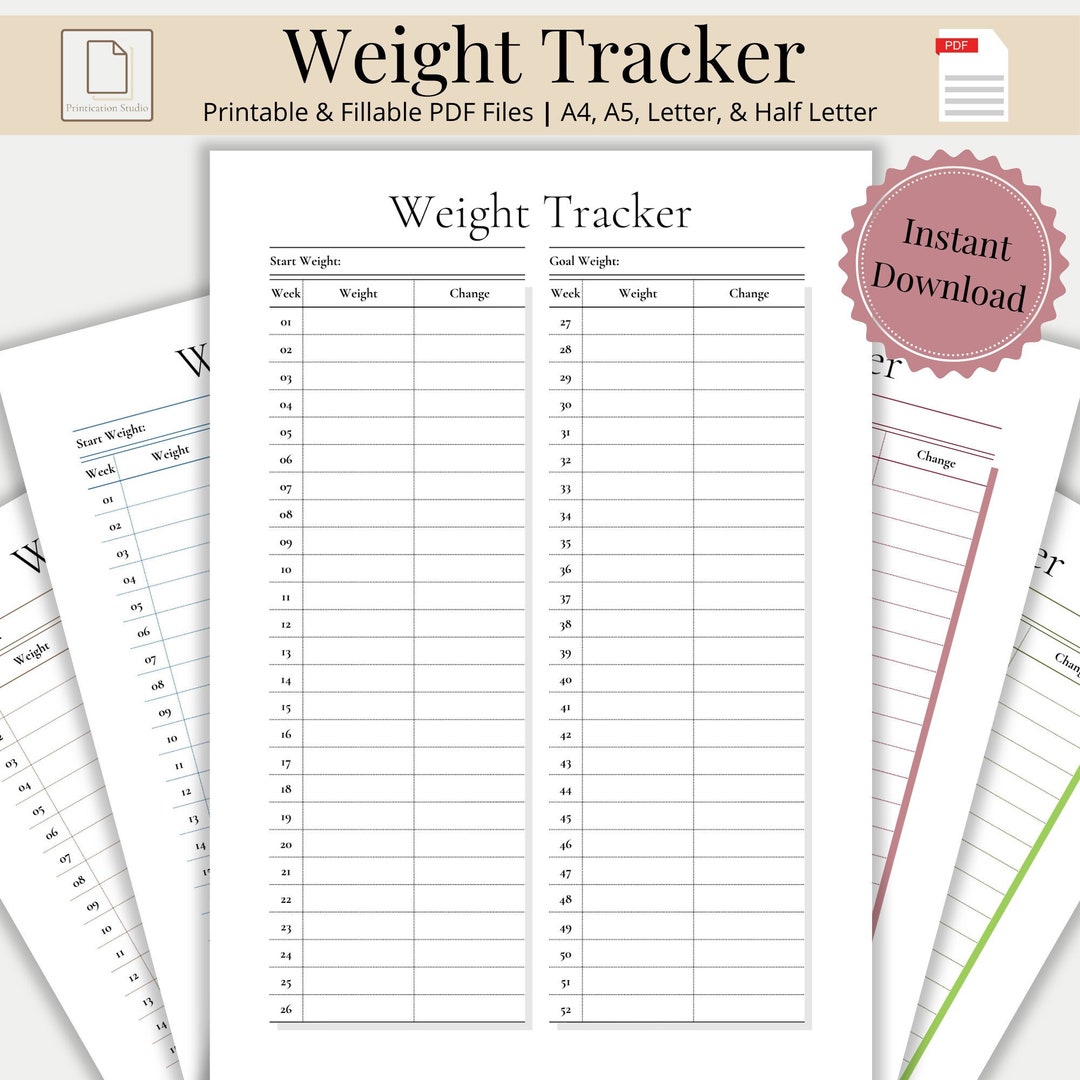 Weight Tracker Printable & Fillable, 52 Week Weight Loss Goal, My ...