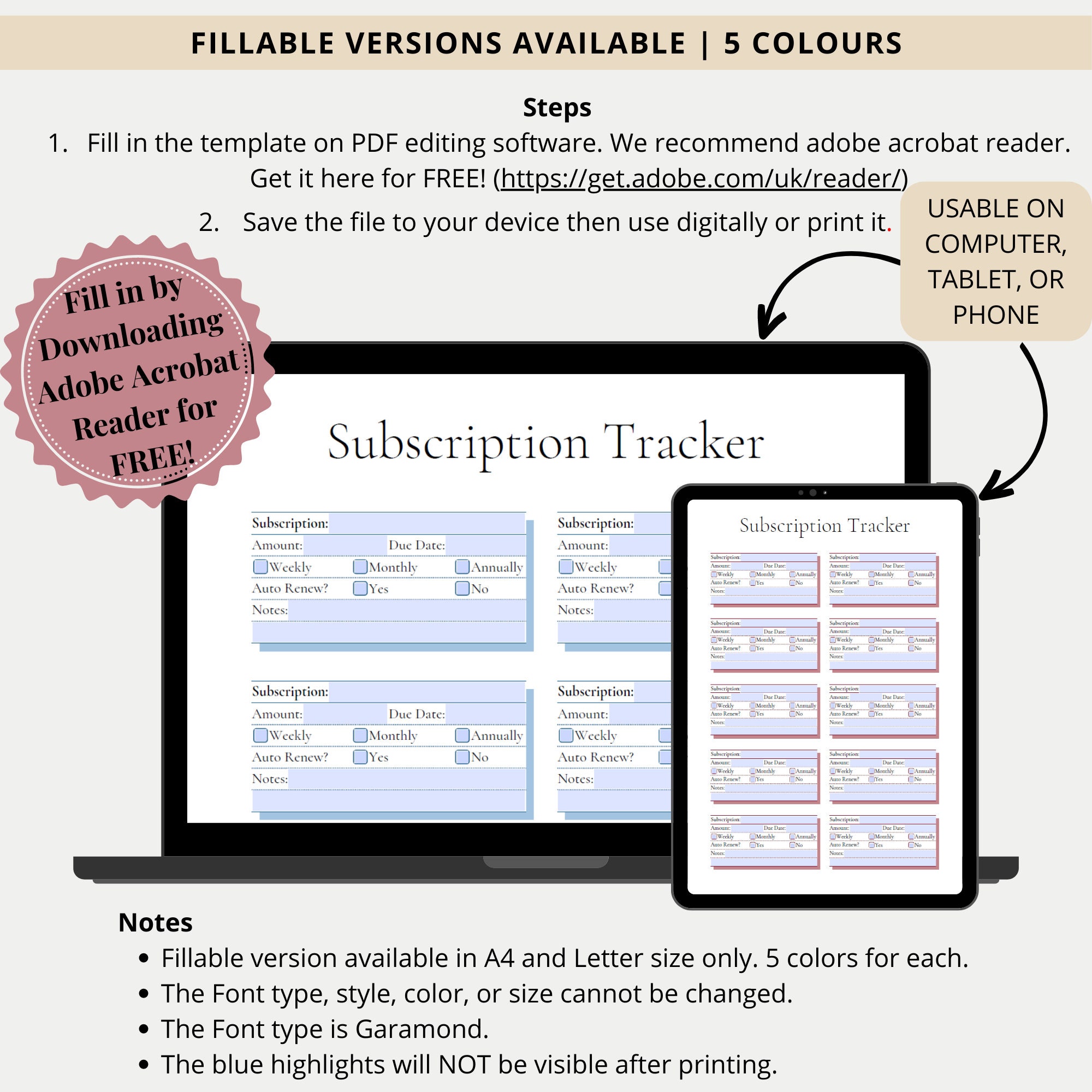 Subscription Tracker Printable & Fillable, Monthly Subscription ...