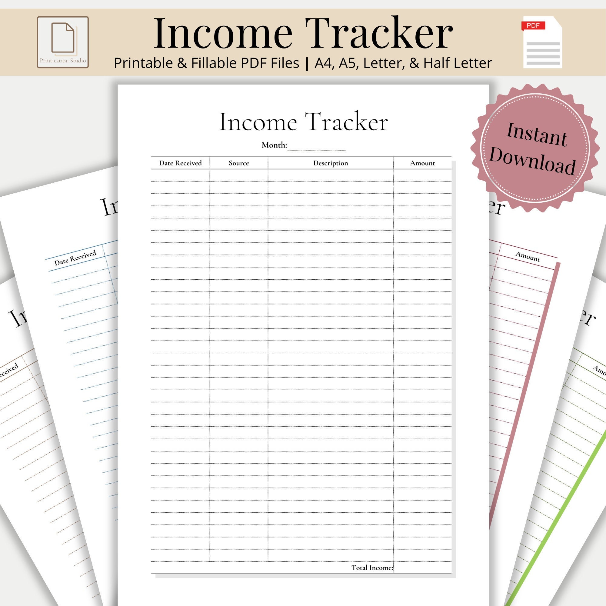 Income Tracker Sheet Printable & Fillable Income Statement, Income Log ...