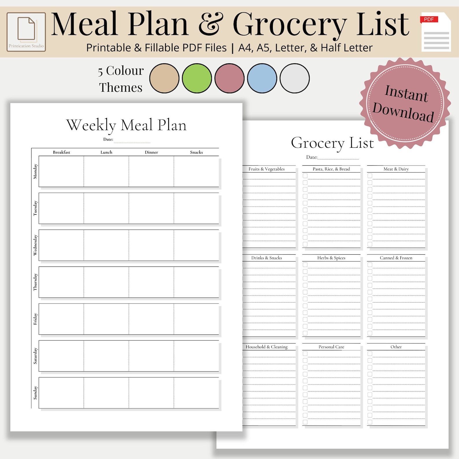 Weekly Meal Planner Printable and Grocery List Printable, Grocery ...