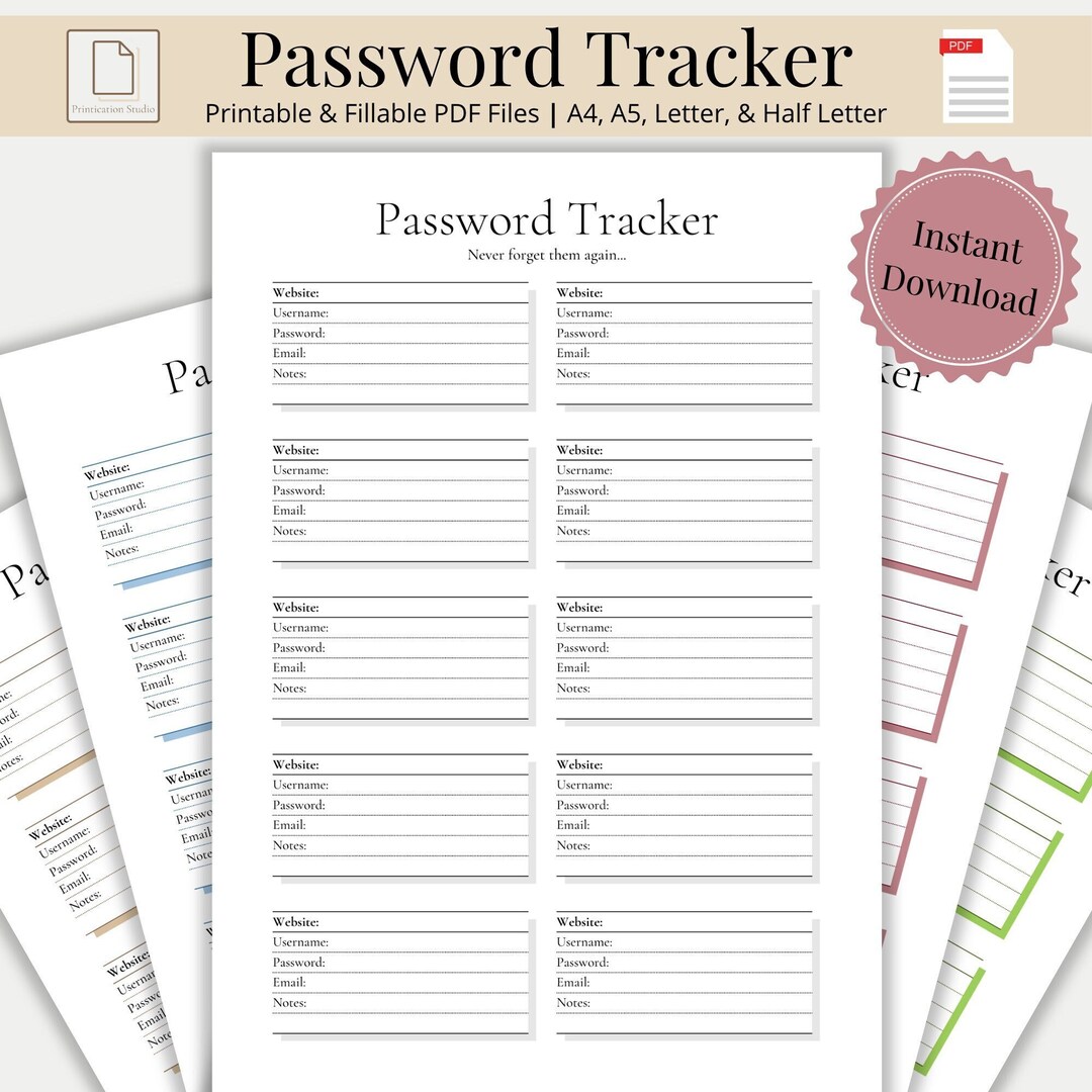 Password Tracker Printable & Fillable, Password Log, Password Manager ...
