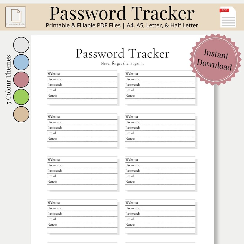 Password Tracker Printable, Fillable Password Journal, Username and ...