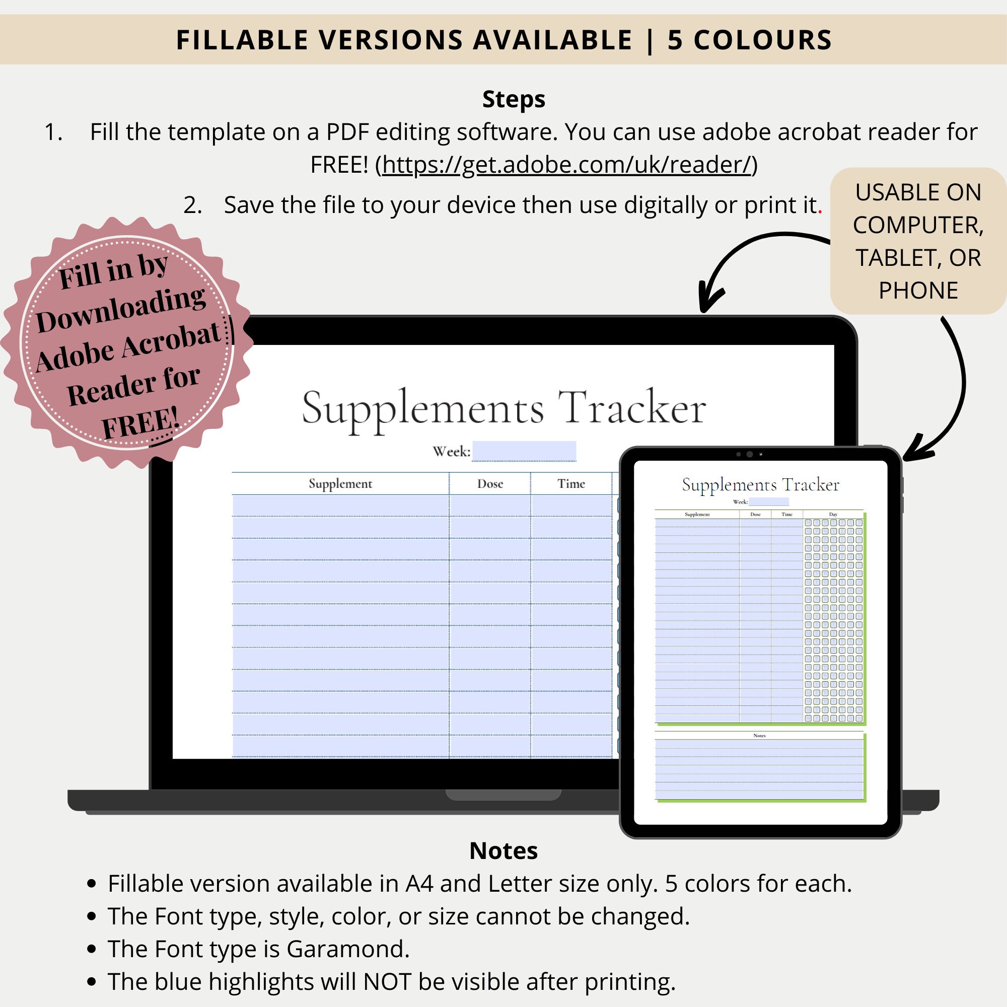 Weekly Supplement Tracker With Notes Printable & Fillable, Dietary ...